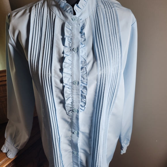 Vicki Wayne | Tops | Vintage 7s Pale Blue Ruffle Tuxedo Shirt | Poshmark
